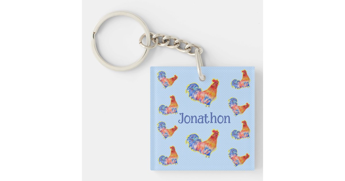 Red Rooster Chickens Boys Happy Birthday Name Keychain | Zazzle