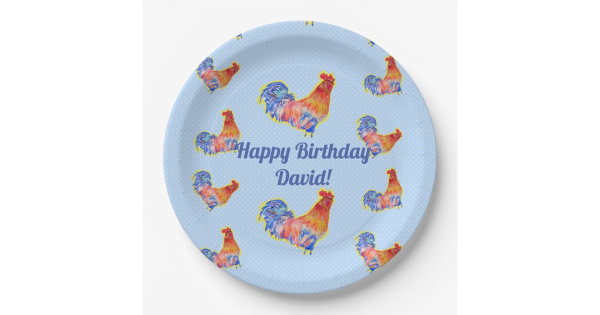 Red Rooster Chickens Boys Happy Birthday Name Paper Plates | Zazzle