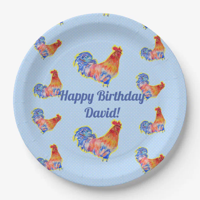 Red Rooster Chickens Boys Happy Birthday Name Paper Plates | Zazzle