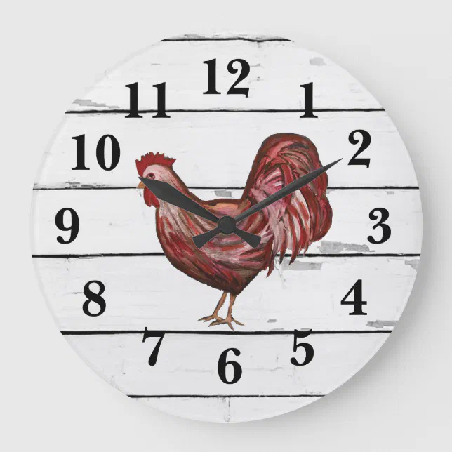 Red Rooster Shiplap Farmhouse Decor Large Clock | Zazzle