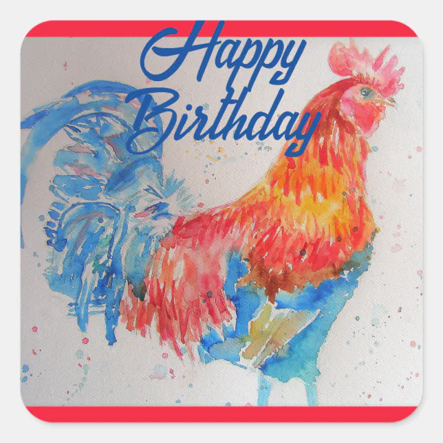 Red Rooster Watercolor Painting Happy Birthday Square Sticker | Zazzle