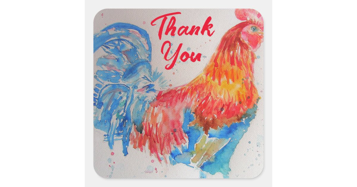 Red Rooster Watercolor Painting Thank You Square Sticker | Zazzle