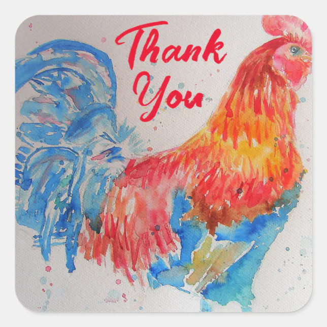 Red Rooster Watercolor Painting Thank You Square Sticker | Zazzle