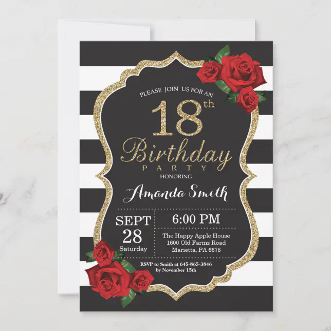 Red Rose 18th Birthday Invitation Gold Glitter | Zazzle
