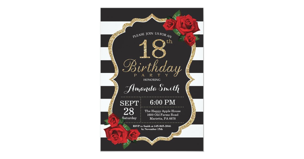 Red Rose 18th Birthday Invitation Gold Glitter | Zazzle.com