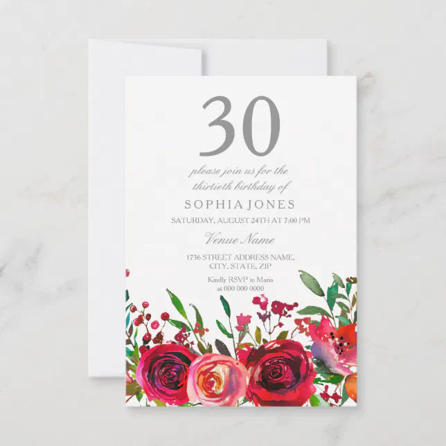 Red Rose 30th Birthday Party Invitation | Zazzle