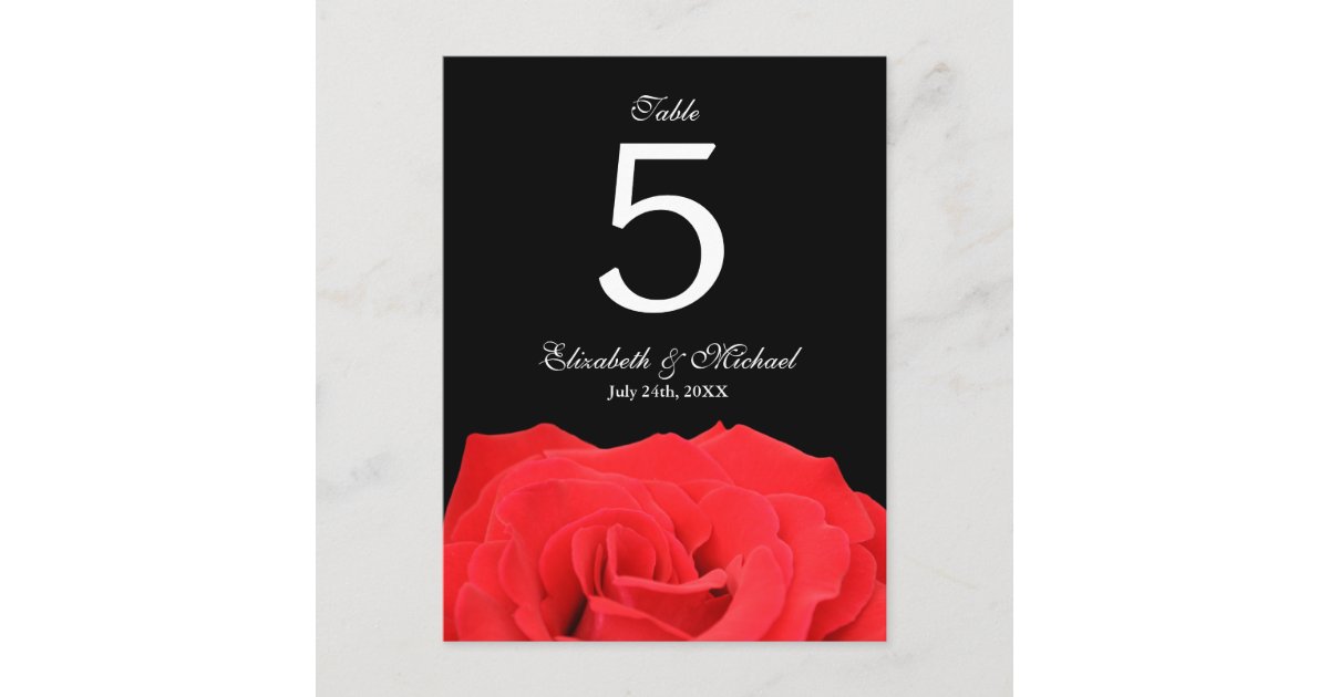 Red Rose and Black Wedding Table Number | Zazzle