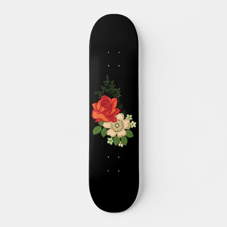 Red Rose and Daisies Black Background Skateboard Deck | Zazzle