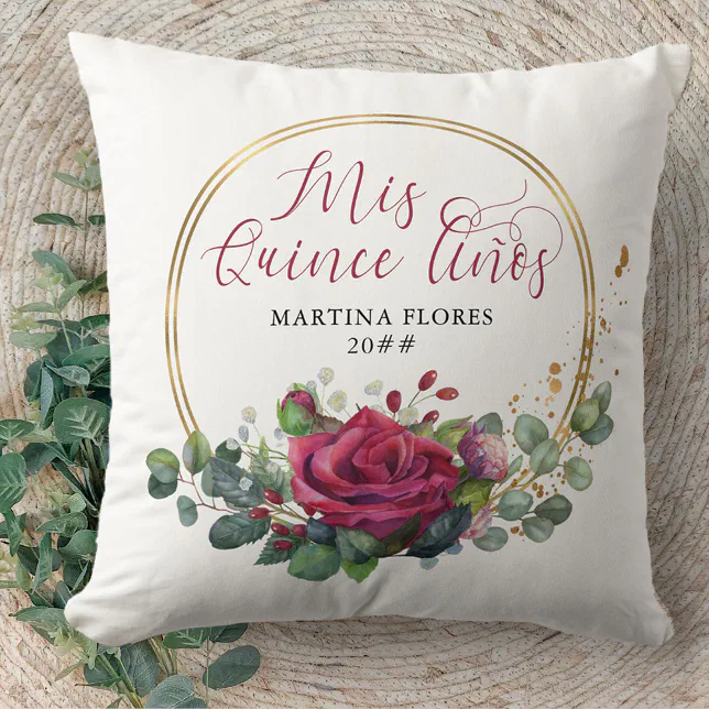 Red Rose and Eucalyptus Mis Quince Anos Custom Throw Pillow | Zazzle