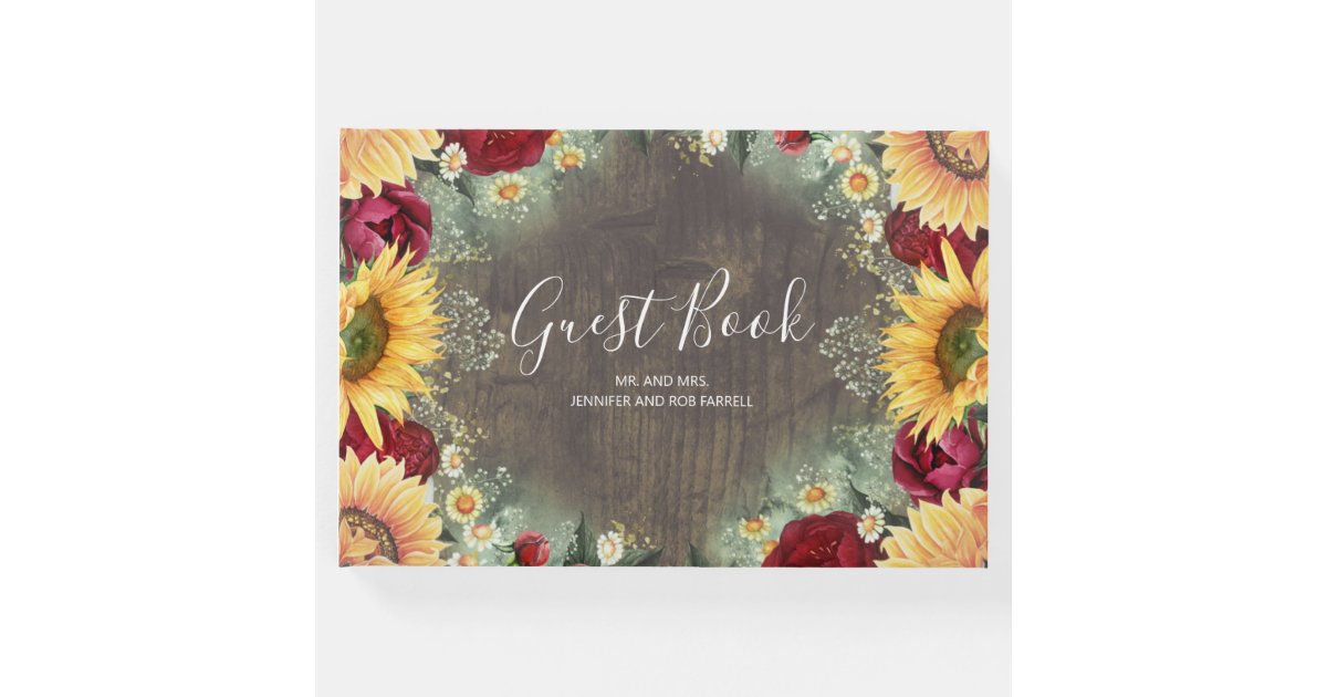 Red Rose and Sunflower Rustic Fall Wedding Guest Book | Zazzle