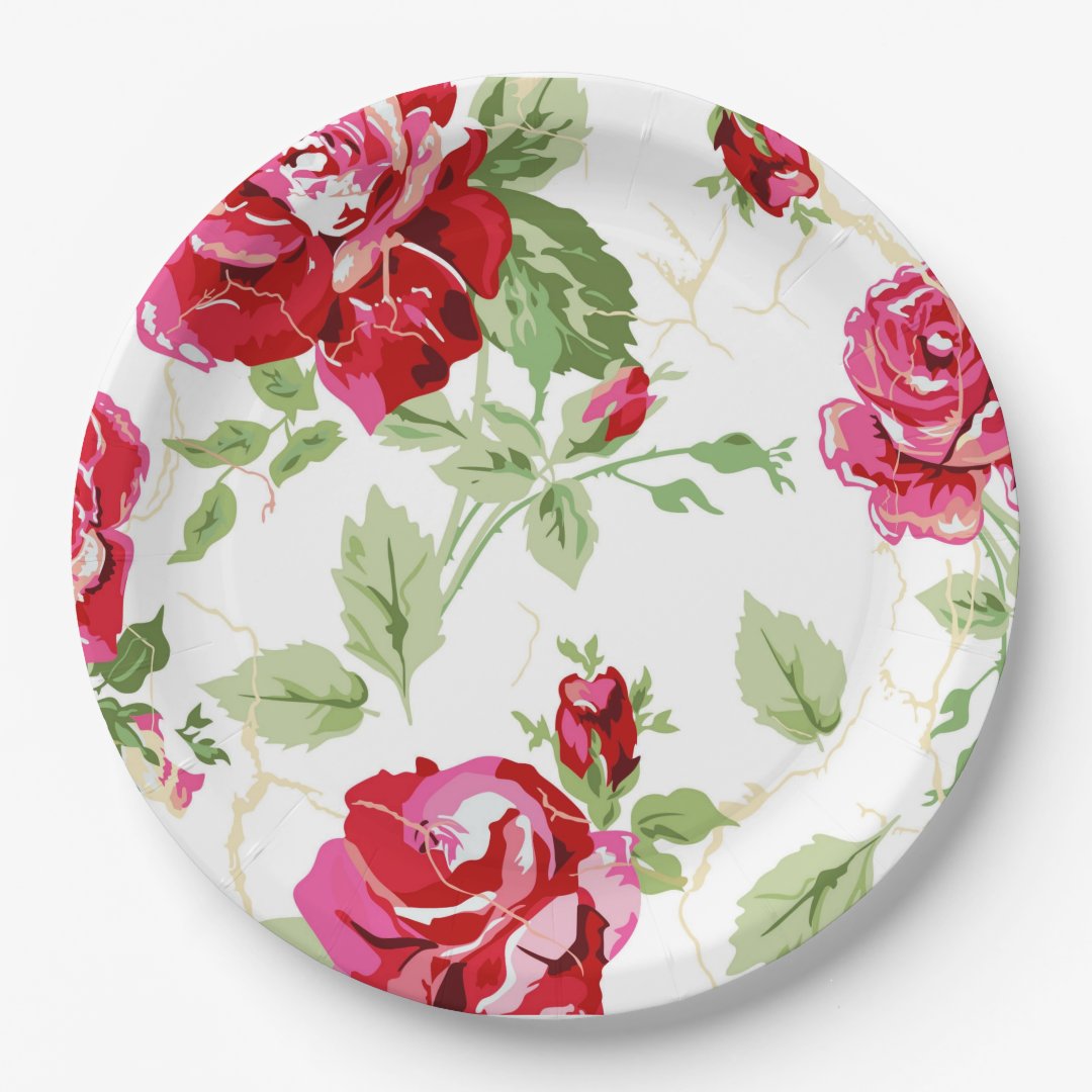 Red rose and white classic print paper plates | Zazzle