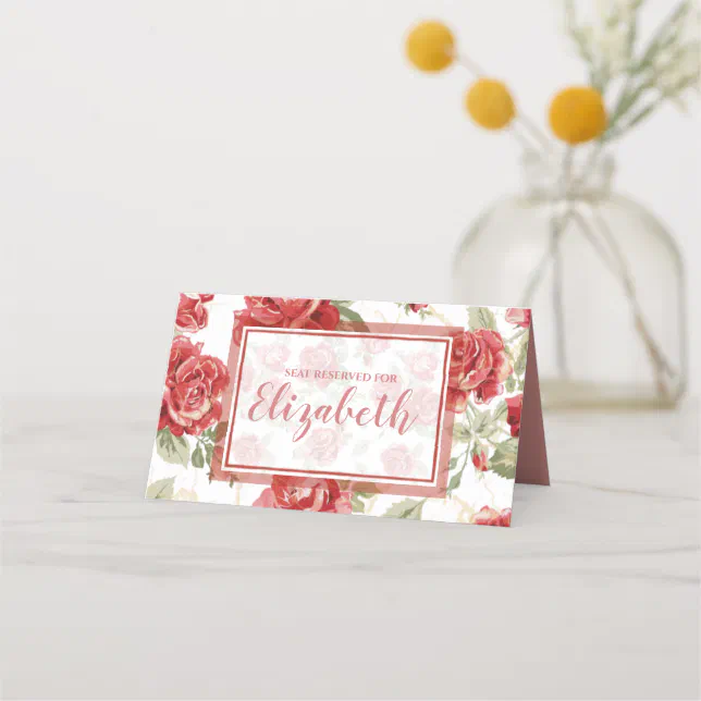 Red rose and white classic print place card | Zazzle