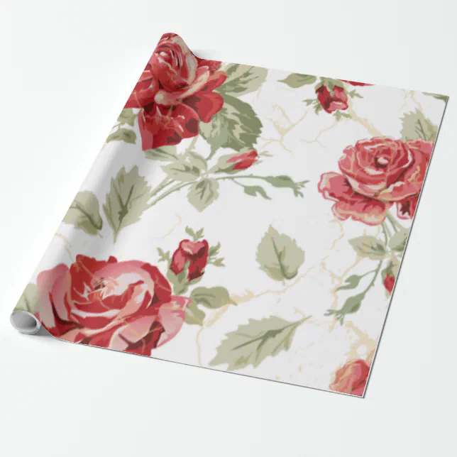 Red rose and white classic print wrapping paper | Zazzle