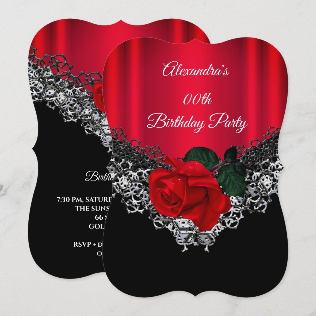 Red Rose Birthday Party Lace Black Silver Invitation | Zazzle