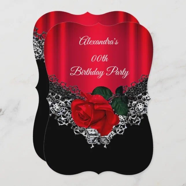 Red Rose Birthday Party Lace Black Silver Invitation | Zazzle