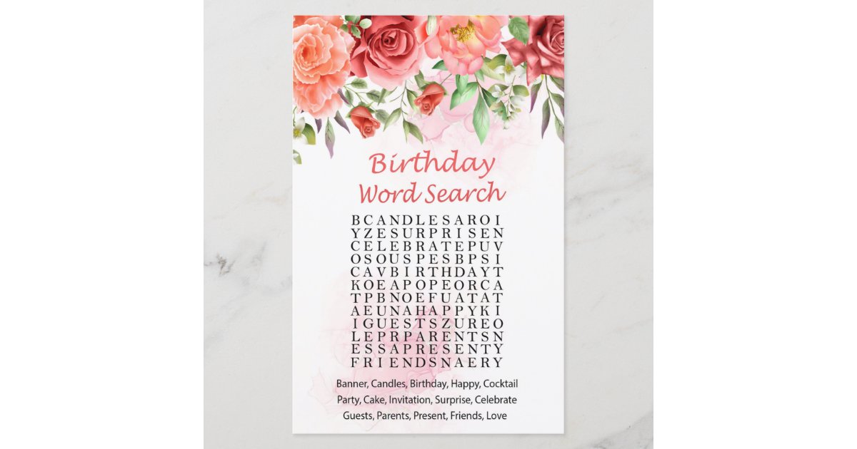 Red Rose Birthday Word Search Game | Zazzle