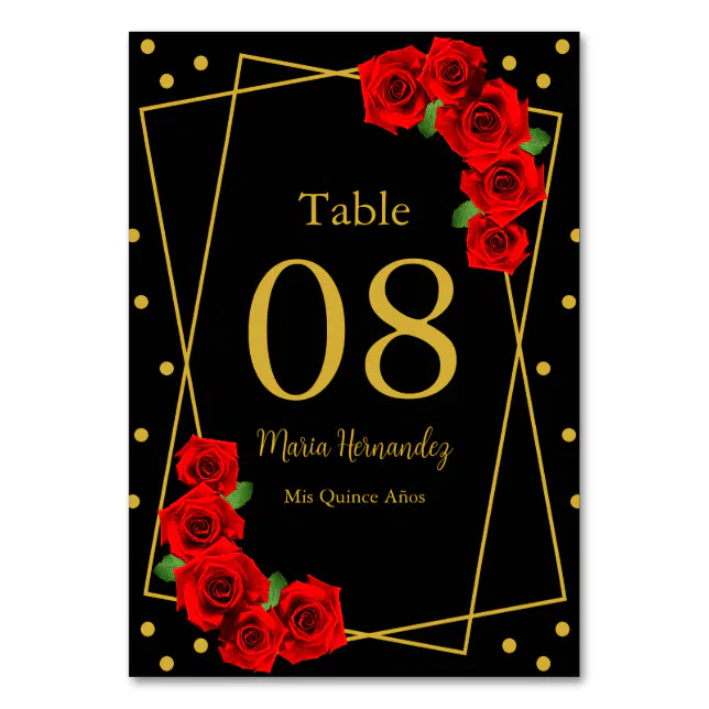 Red Rose Black and Gold Quinceañera Table Number | Zazzle