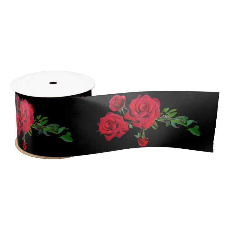 Red Rose Black Background Satin Ribbon | Zazzle