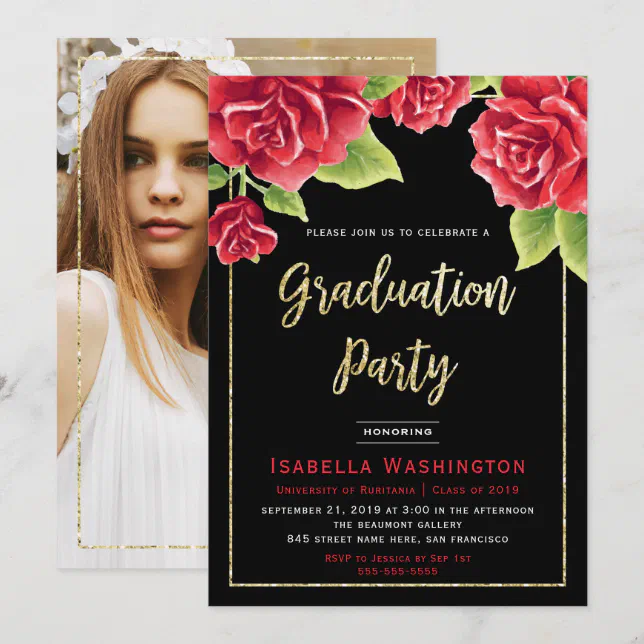 Red Rose Black Gold Glitter Photo Graduation Party Invitation | Zazzle