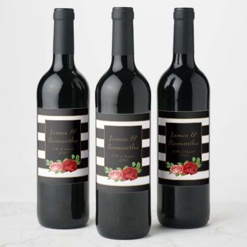 Red Rose, Black, White & Gold Stripe - Wine Label | Zazzle