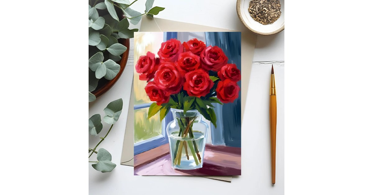 Red Rose Bouquet Flower Vase Watercolor Postcard | Zazzle