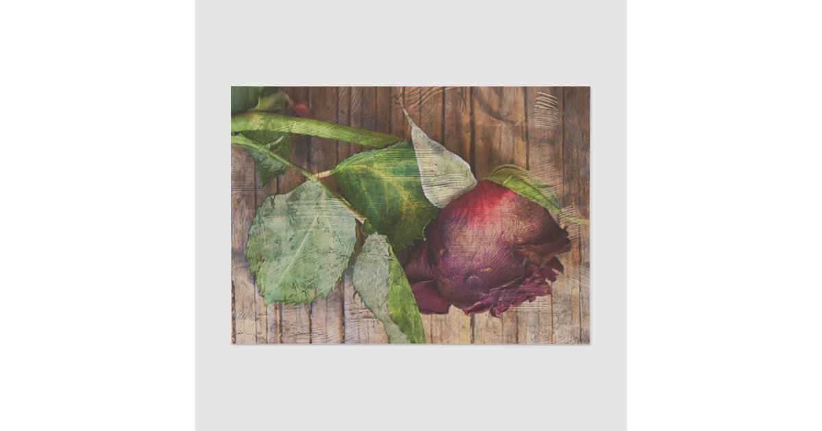 Red Rose Brown Wood Rustic Texture Floral Antique Tissue Paper | Zazzle