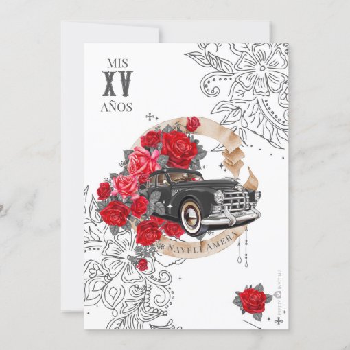 Red Rose Classic Car Chola Chicano Quinceanera Invitation | Zazzle