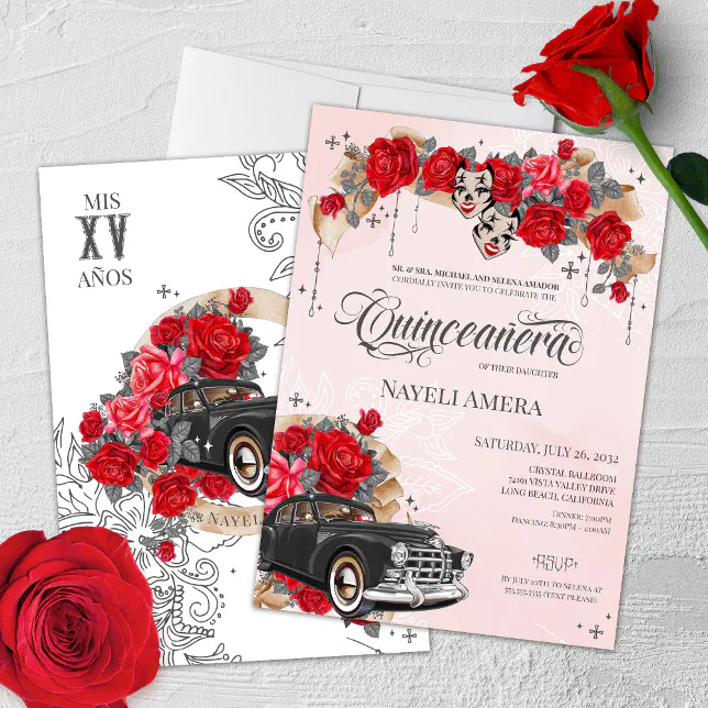 Red Rose Classic Car Chola Chicano Quinceanera Invitation | Zazzle