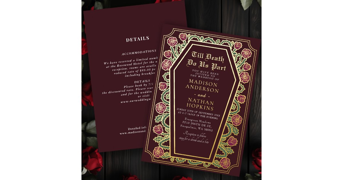Red Rose Coffin Gothic Wedding All in one Foil Invitation | Zazzle