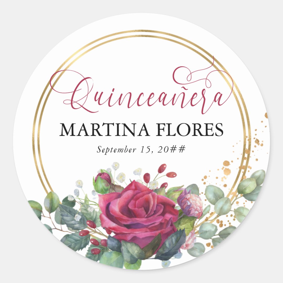 Red Rose Elegant Calligraphy Quinceanera Classic Round Sticker | Zazzle