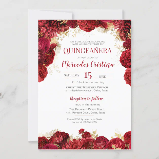 Red Rose Elegant Floral Quinceanera Invitation | Zazzle