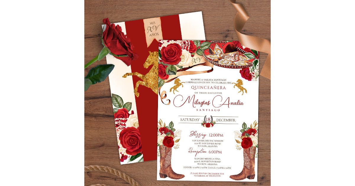 Red Rose Fancy Mariachi Western Charra Quinceanera Invitation | Zazzle