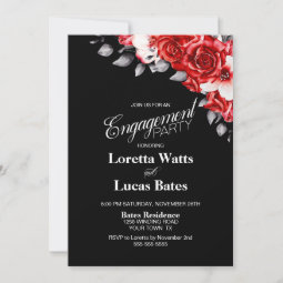 Red Rose Floral Black Engagement Party Photo Invitation | Zazzle
