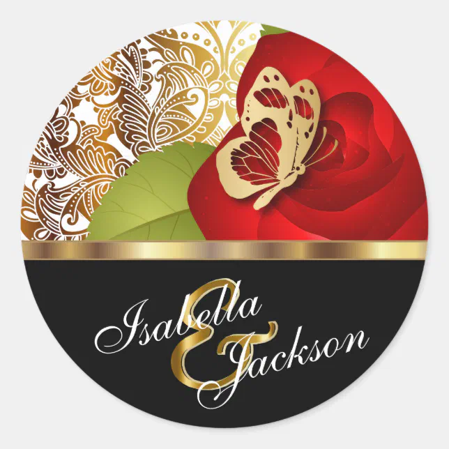 Red Rose Floral Design | Personalize Classic Round Sticker | Zazzle