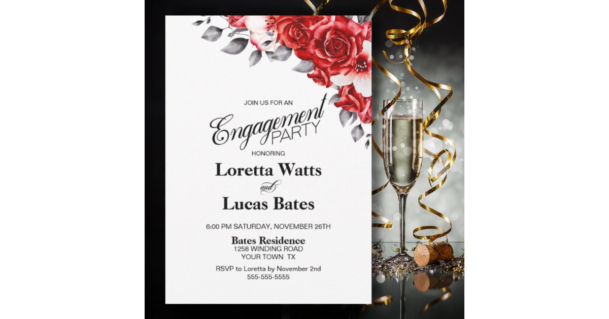 Red Rose Floral Engagement Party Invitation | Zazzle
