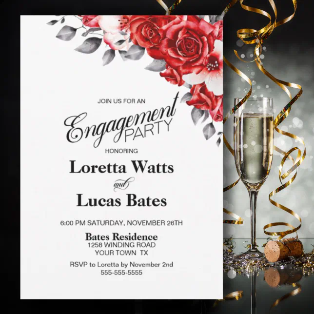 Red Rose Floral Engagement Party Invitation | Zazzle