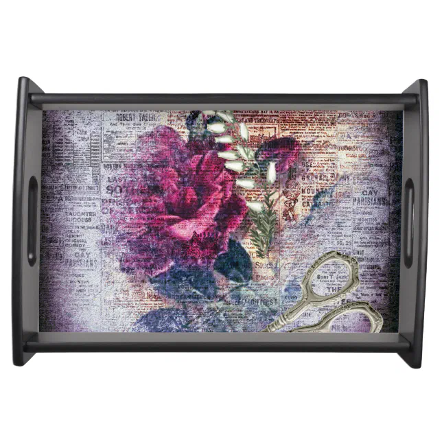 Red Rose Floral Ephemera Serving Tray | Zazzle