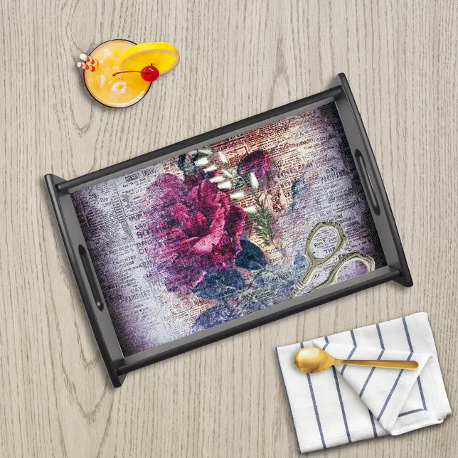 Red Rose Floral Ephemera Serving Tray | Zazzle