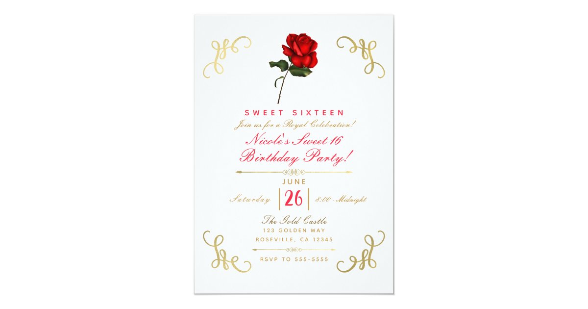 Red Rose Floral Gold Corners Sweet 16 Party Invitation | Zazzle.com