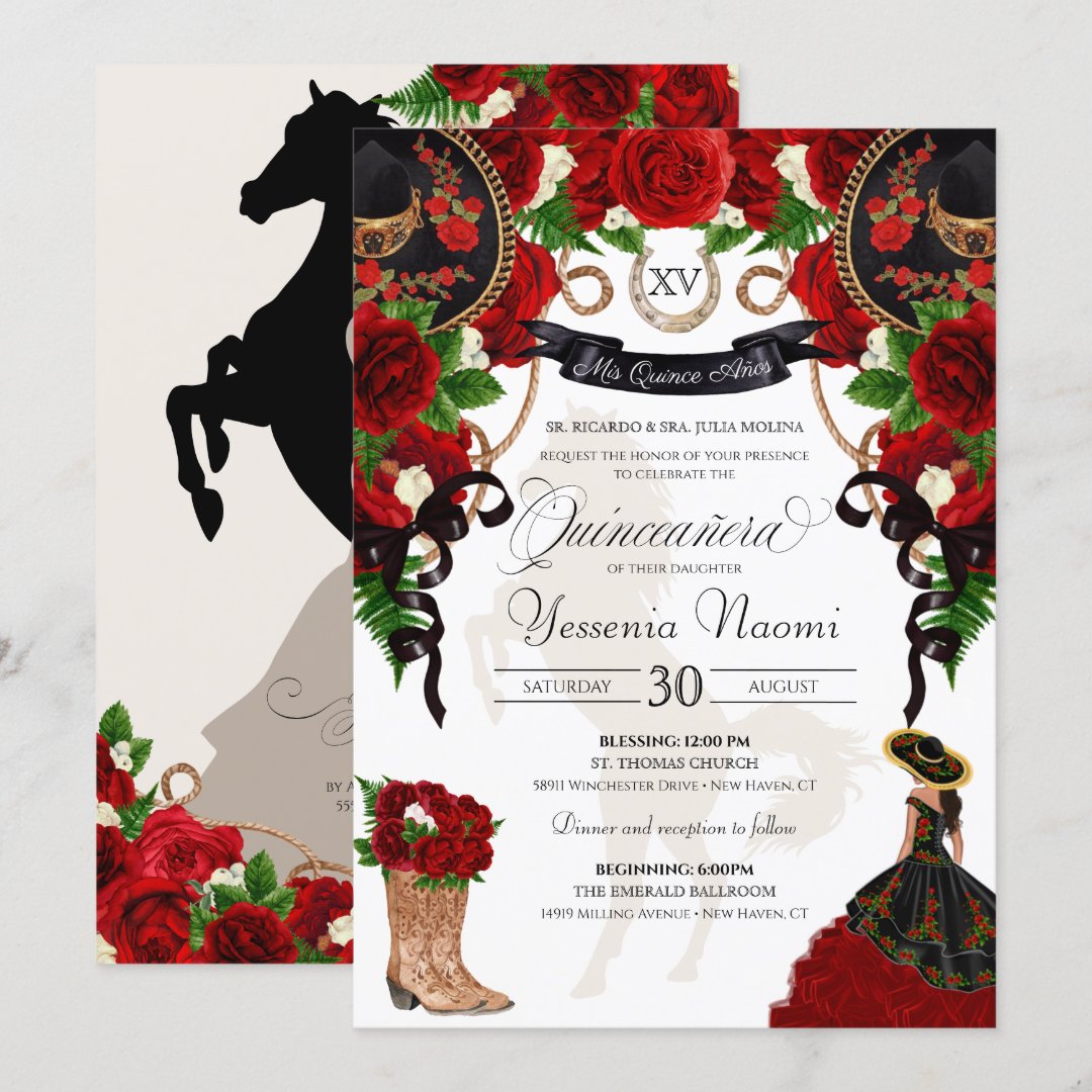 Red Rose Floral Mariachi Charro Quinceanera Invitation | Zazzle