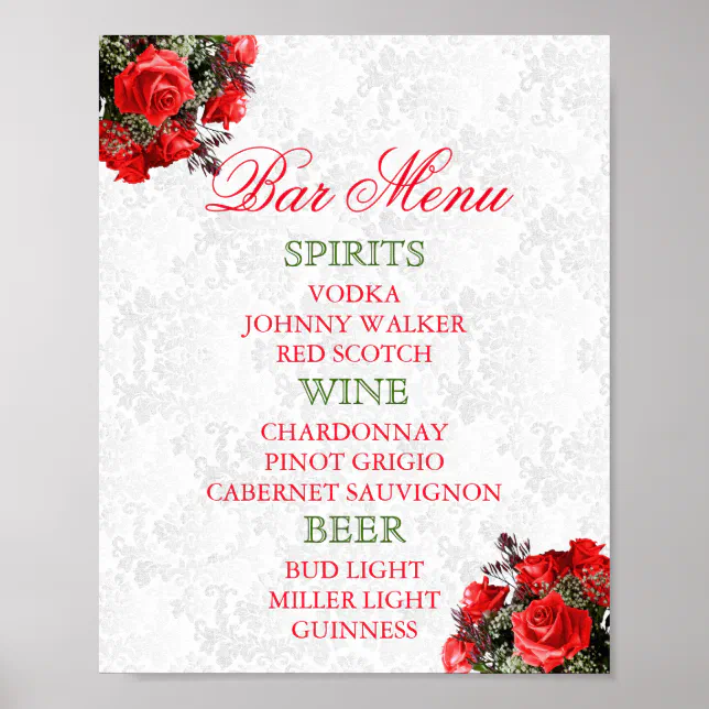 Red Rose Floral Wedding - Bar Menu Poster | Zazzle