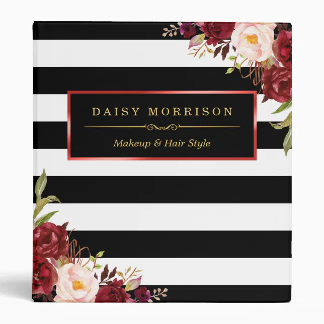 Red Rose Floral Wrapping Black White Striped 3 Ring Binder | Zazzle