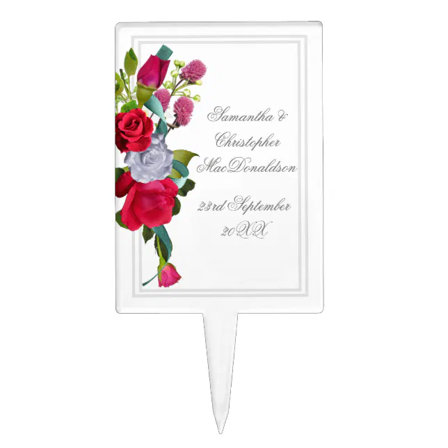 Red rose flower bouquet floral wedding cake topper | Zazzle