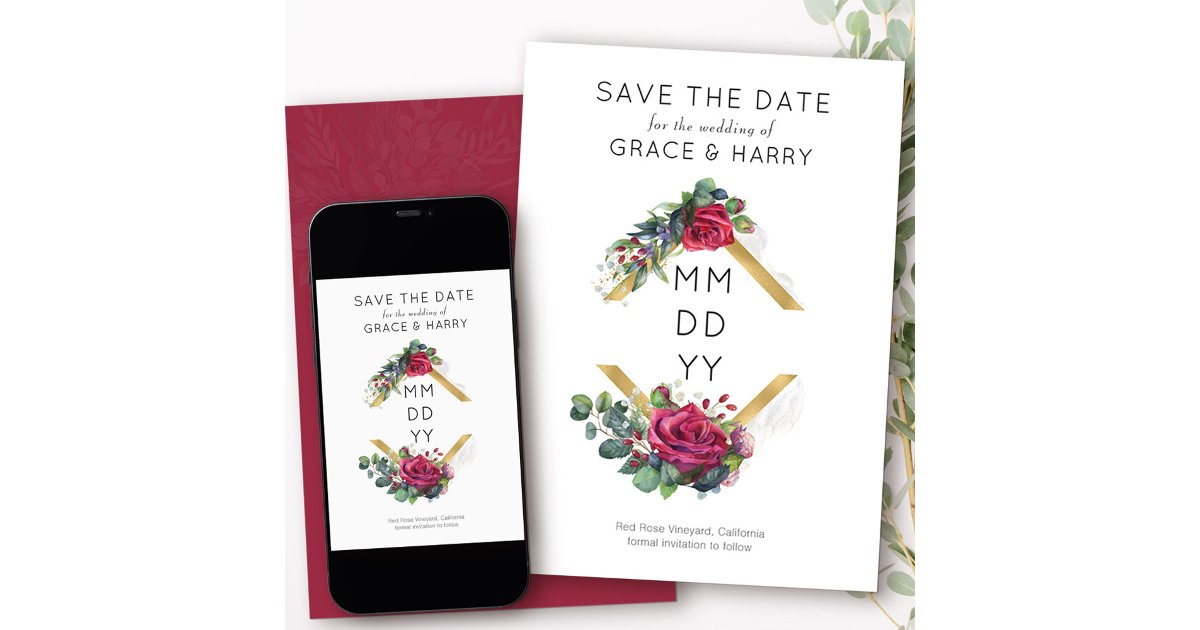 Red Rose Gold Diamond Geometric Frame Save The Date | Zazzle