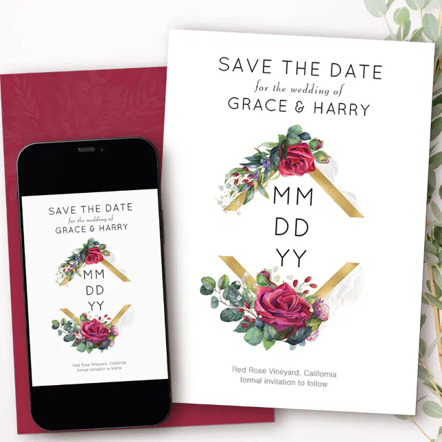 Red Rose Gold Diamond Geometric Frame Save The Date | Zazzle