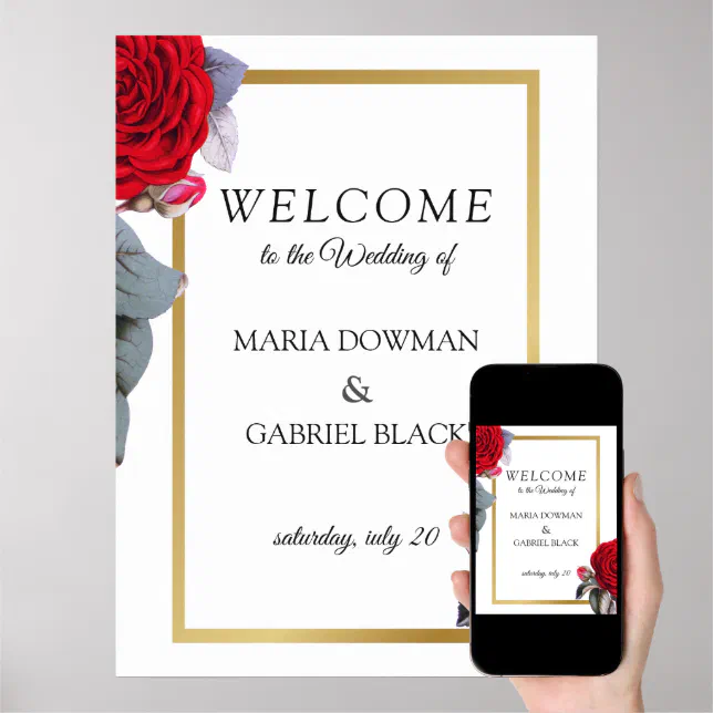 Red rose. Gold frame. Luxury welcome Sign Poster | Zazzle