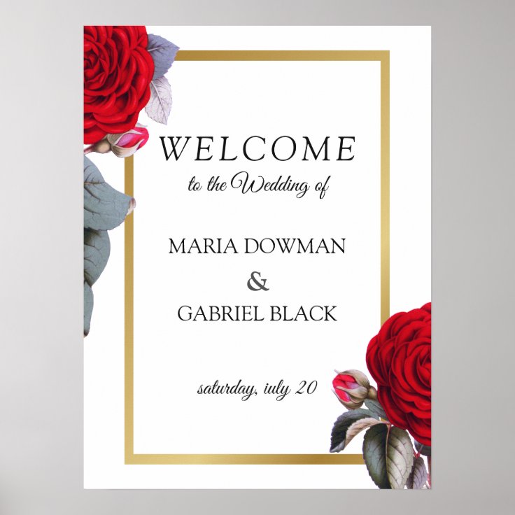 Red rose. Gold frame. Luxury welcome Sign Poster | Zazzle