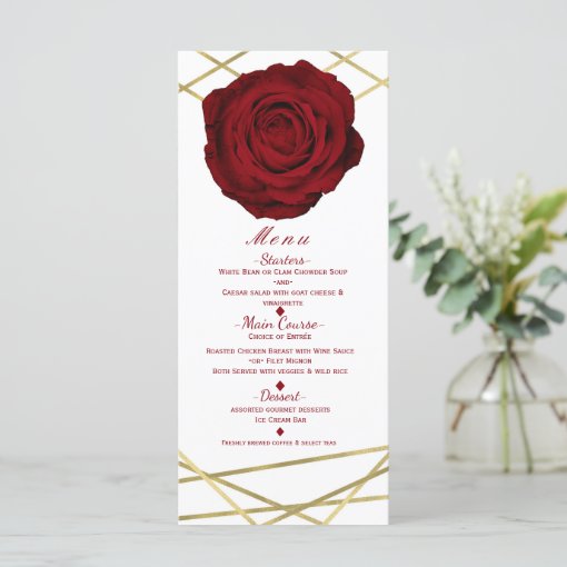 Red Rose & Gold Lines Floral Elegant Party Menu | Zazzle