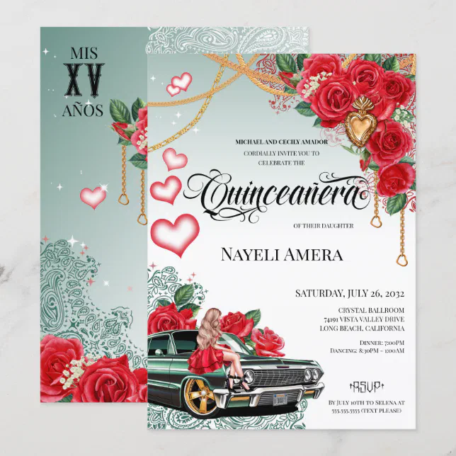Red Rose Green Lowrider Mexicana Chola Quinceañera Invitation | Zazzle