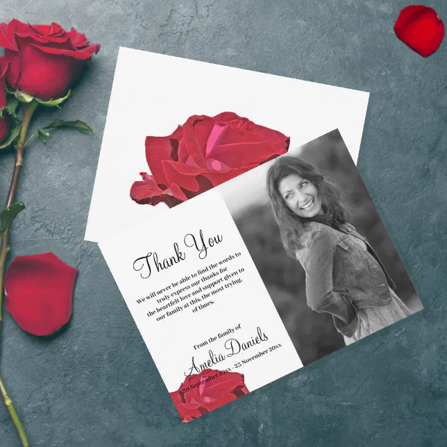 Red Rose In Memory Thank You Card | Zazzle